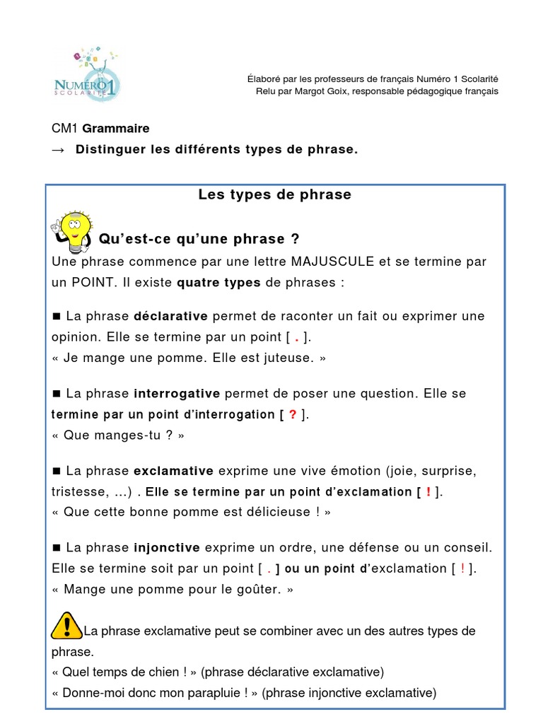 6ème Grammaire Les Types de Phrase 1 | PDF