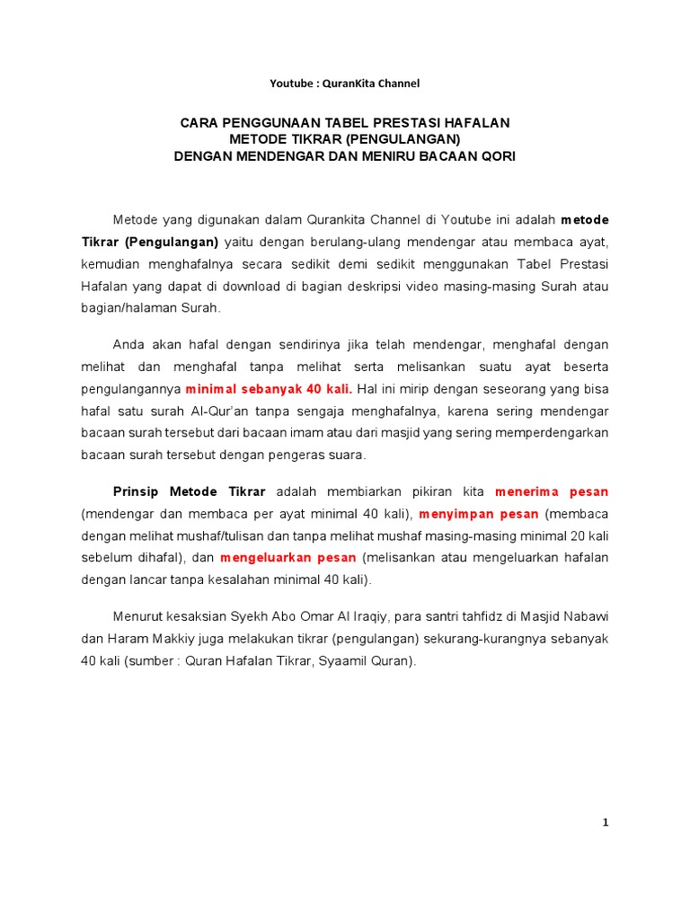 Cara Penggunaan Tabel Prestasi Hafalan Al-Quran Dengan Metode Tikrar | PDF