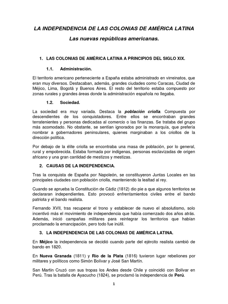 3oESO. Independencia de Las Colonias de America Latina | PDF | Imperio ...