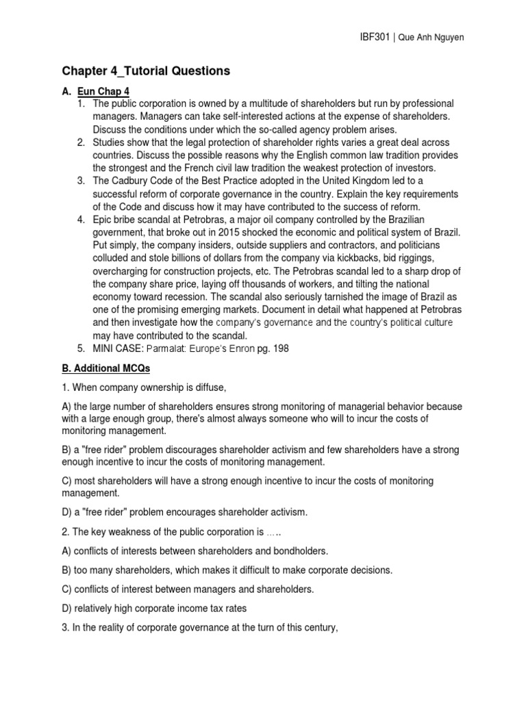 Chap04 Tutorial Questions | PDF | Leveraged Buyout | Corporate Governance