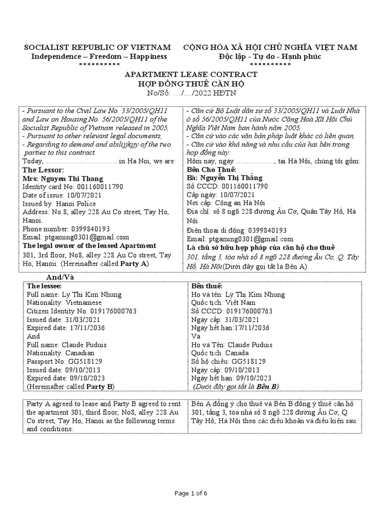 Hợp đồng cho thuê ccmn 228 âu cơ Chị Nhung | PDF