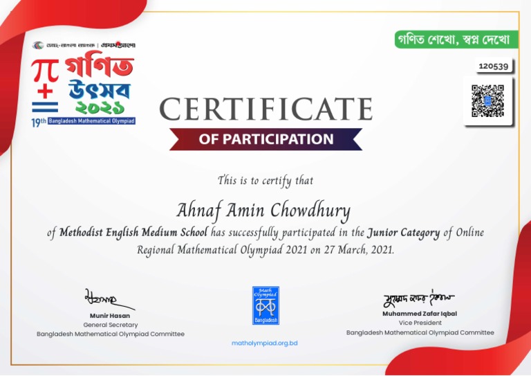 120539 Bdmo2021 Regional Participation Certificate 2021 | PDF