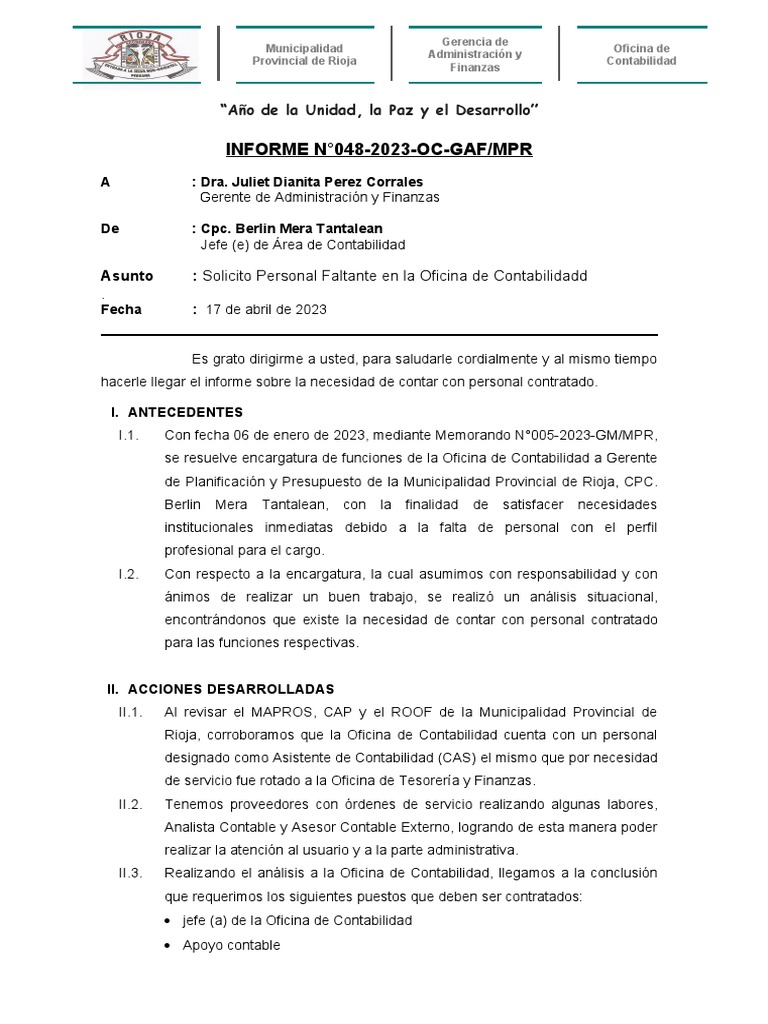 Informe N°048 - Personal Faltante | PDF | Contabilidad | Business