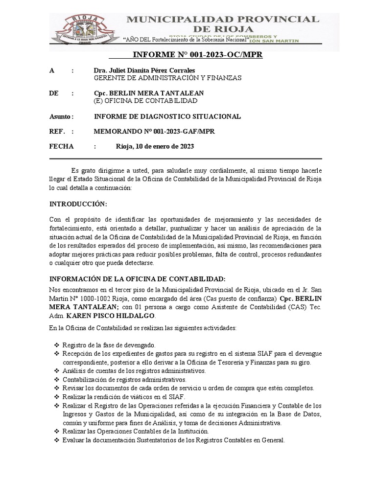 Informe #001 DIAGNOSTICO SITUACIONAL | PDF | Presupuesto | Contabilidad