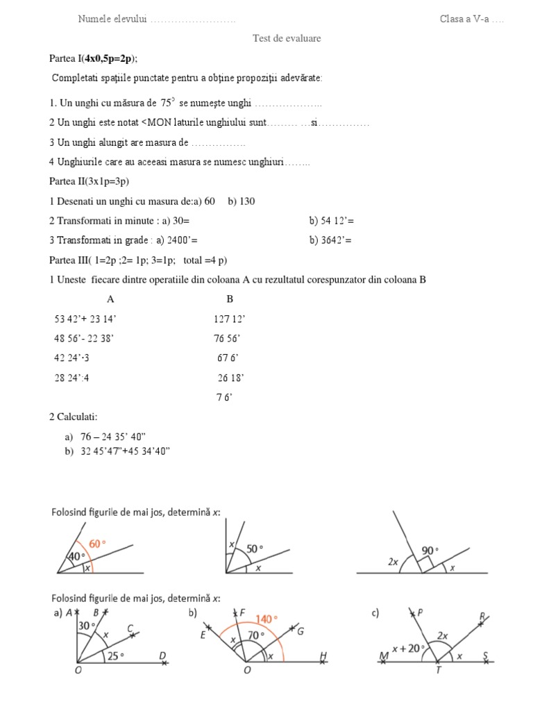 0 Test de Evaluare cl.5 Unghiuri | PDF