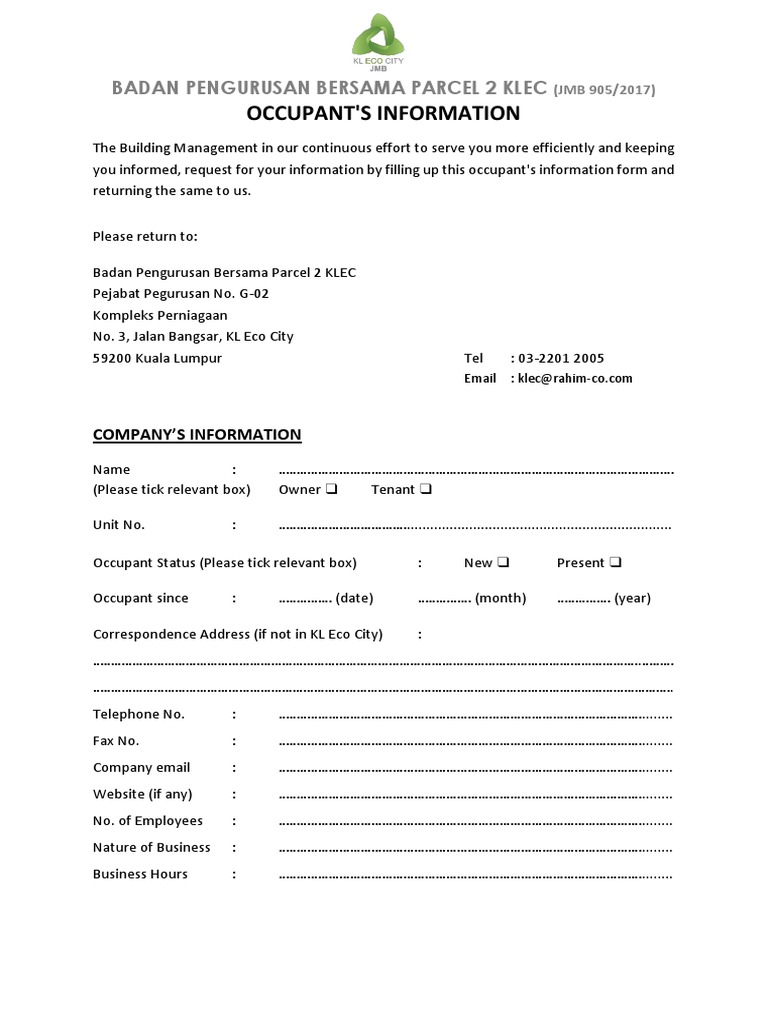 New Occupant Information Form | PDF