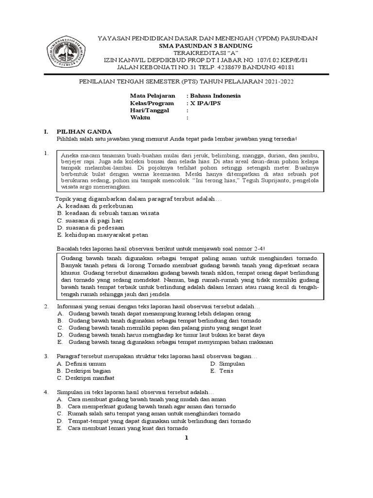 SOAL PTS Ganjil BAHASA INDONESIA KELAS X 2021-2022 | PDF