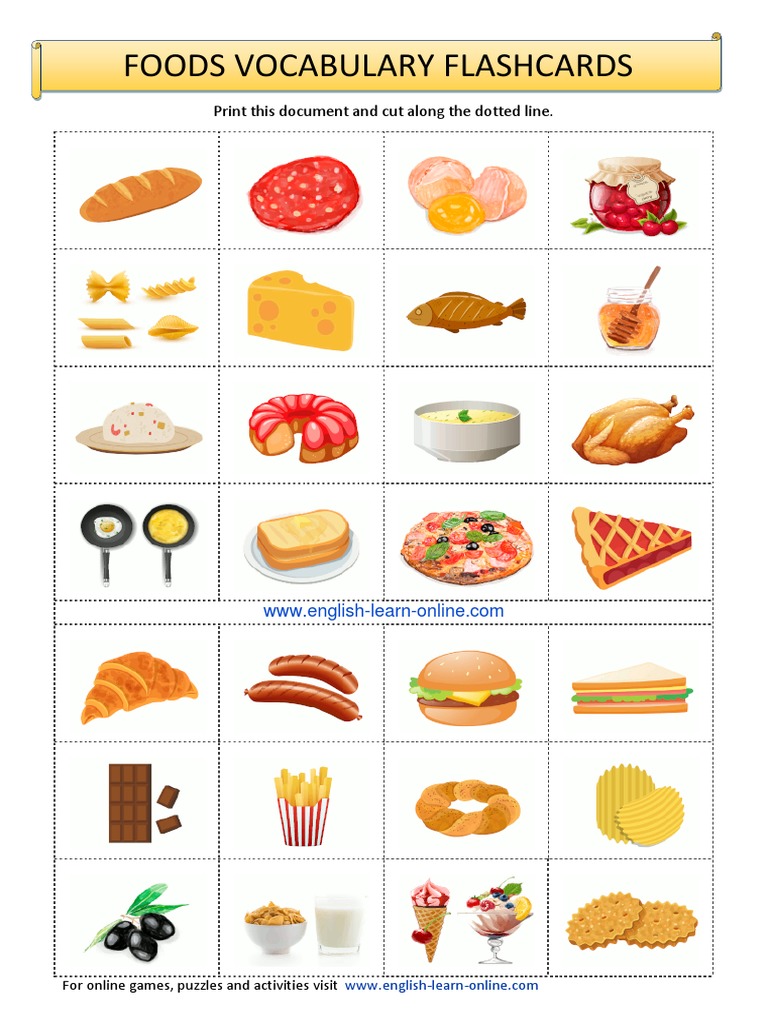 Foods Vocabulary Flashcards Worksheet | PDF