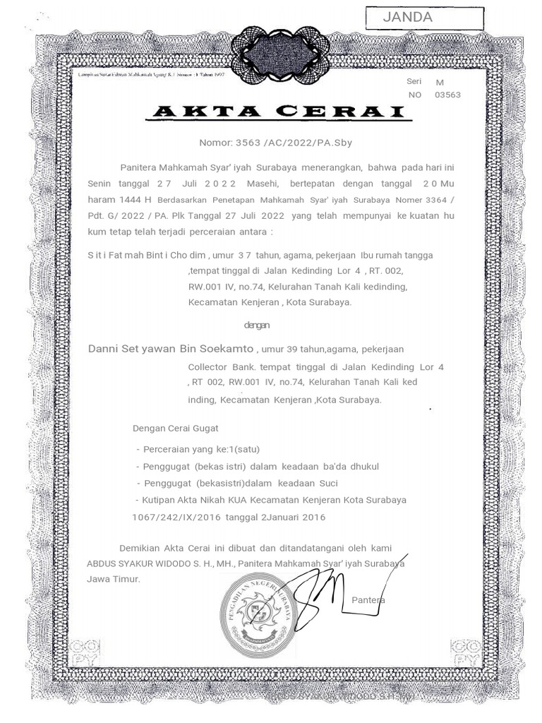 Akta Cerai MBK Siti Fix Ok | PDF