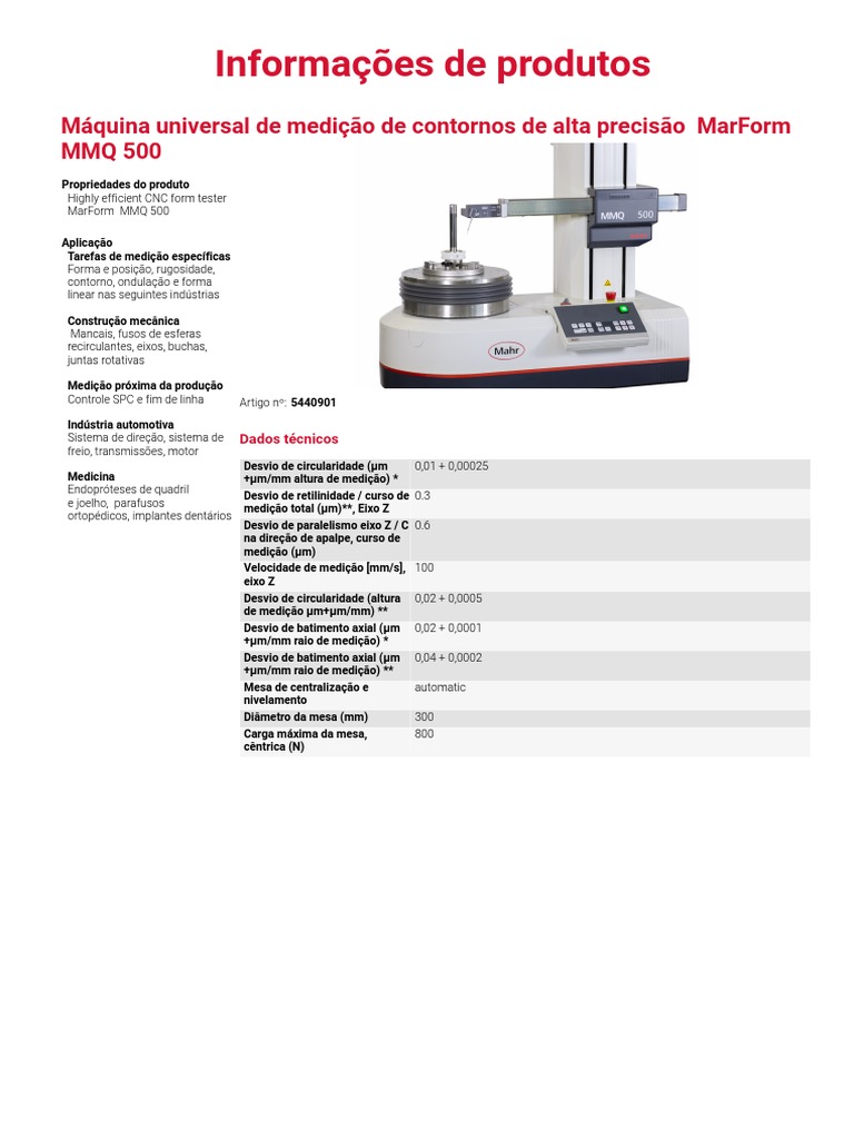 Máquina de Medição MarForm MMQ 500: Alta Precisão para Indústrias | PDF