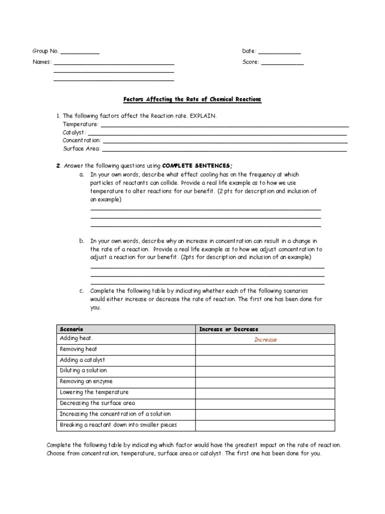 Factors Affecting Reaction Rates Worksheet | PDF | Reaction Rate ...