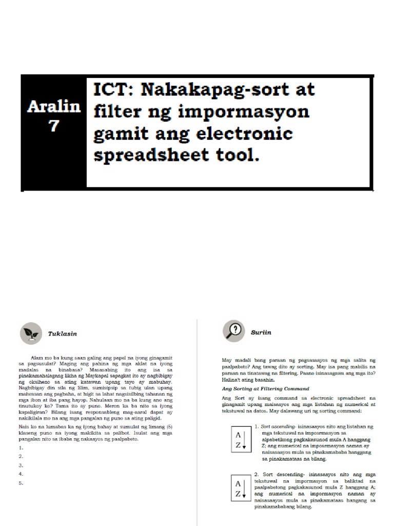 EPP4 - Q1-ICT-Modyul 7-Nakakapag-Sort at Filter NG Impormasyon Gamit Ang Electronic Spreadsheet ...