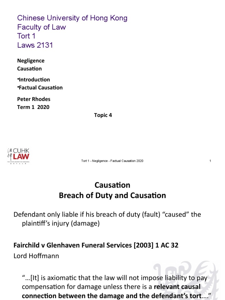 Topic 4 - Negligence - Factual Causation - Tort 1 - 2020 | PDF