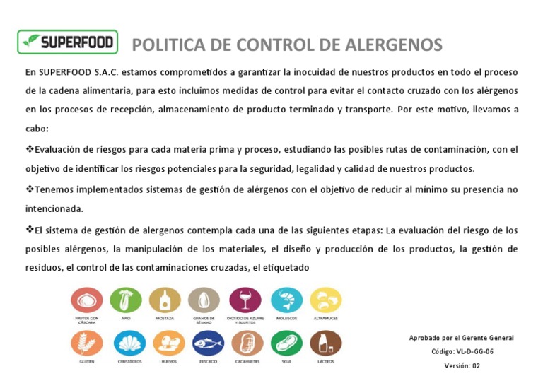 Politica De Control De Alergenos Pdf