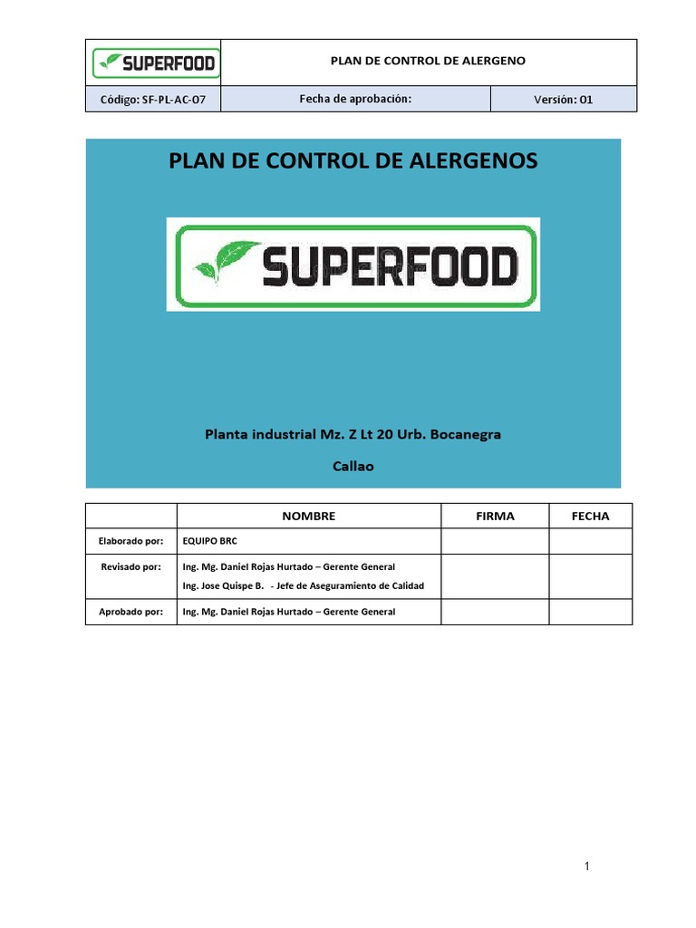Plan De Control De Alergenos Pdf