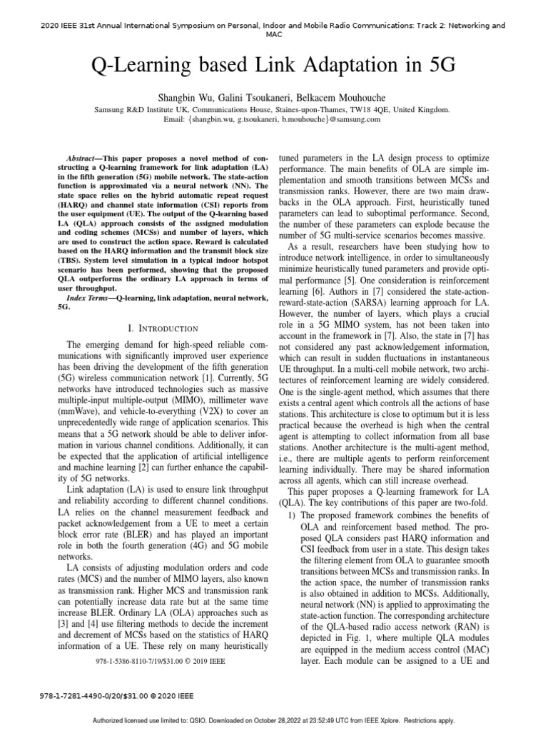 Q-Learning Based Link Adaptation in 5G | PDF | Telecommunications Engineering | Information And ...