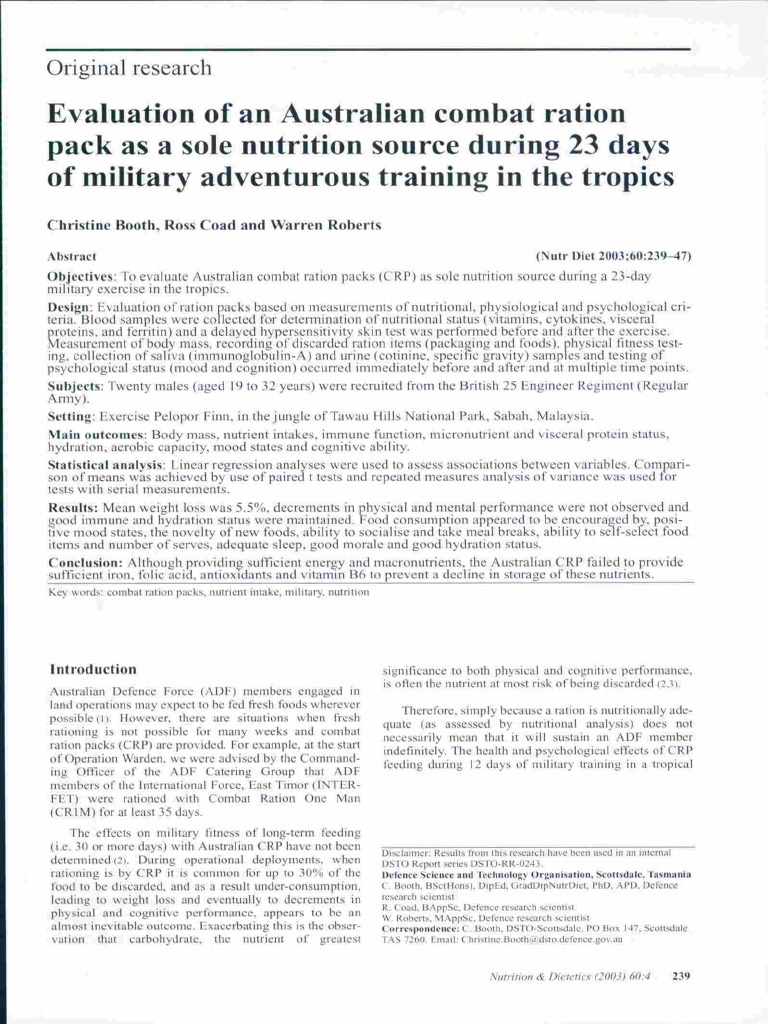 Evaluation of An Australian Combat Ration | PDF