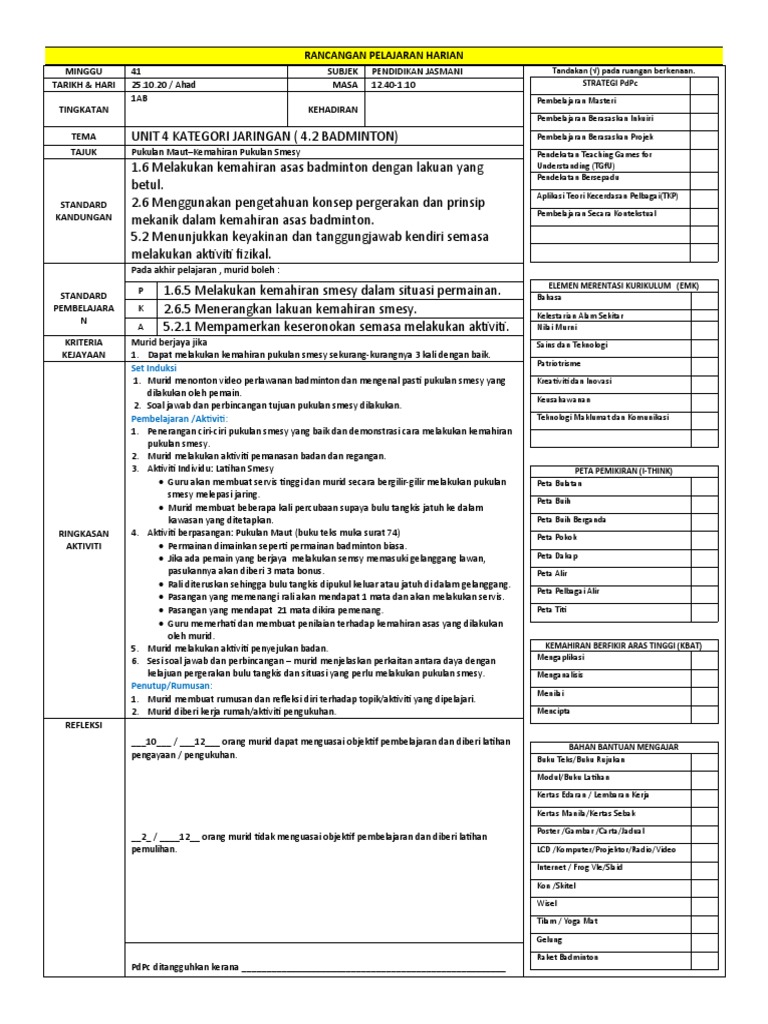Rancangan Pelajaran Badminton Smesy | PDF
