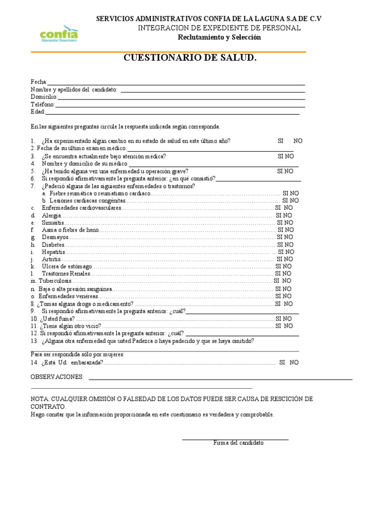 CUESTIONARIO DE SALUD | PDF | Medicina CLINICA | Enfermedades y trastornos