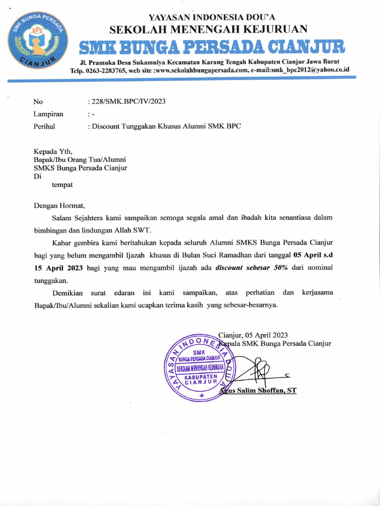 Surat Edaran Discount Tunggakan Khusus Alumni SMK Bunga Persada Cianjur ...