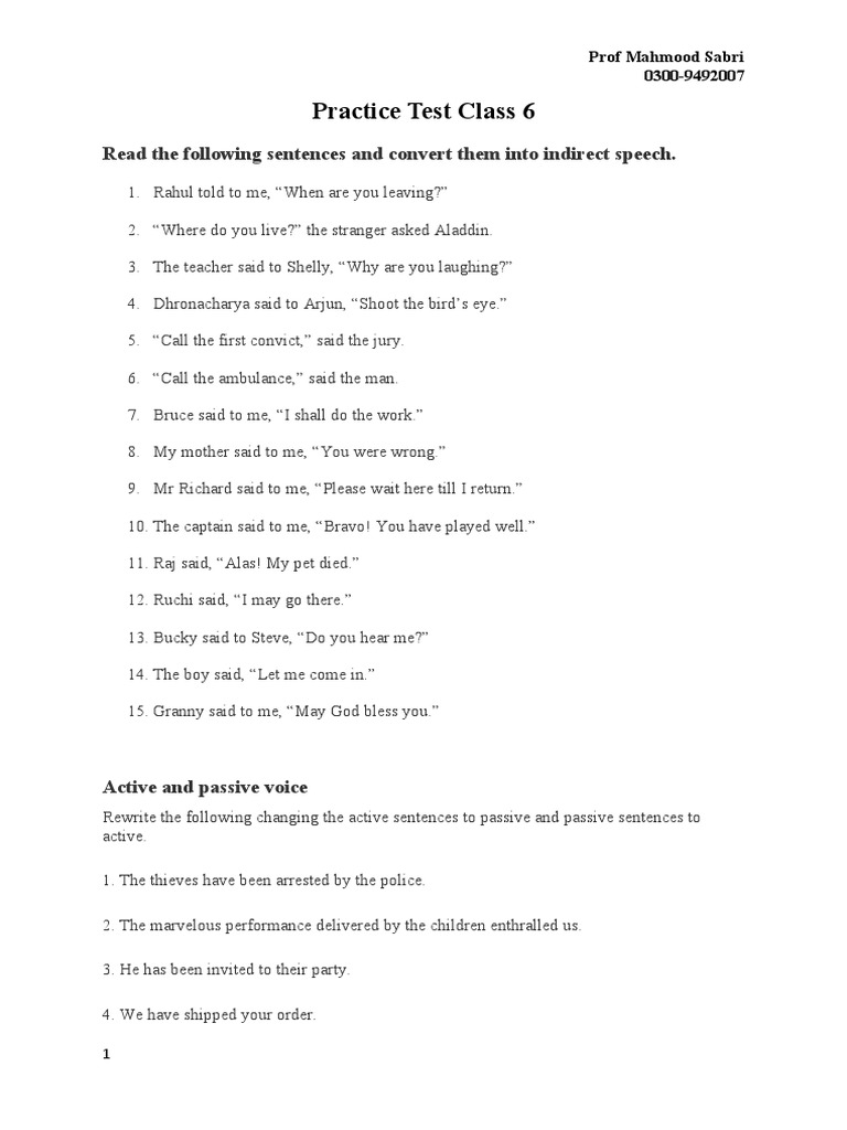 Practice Test Class 6 | PDF | Verb | Adverb