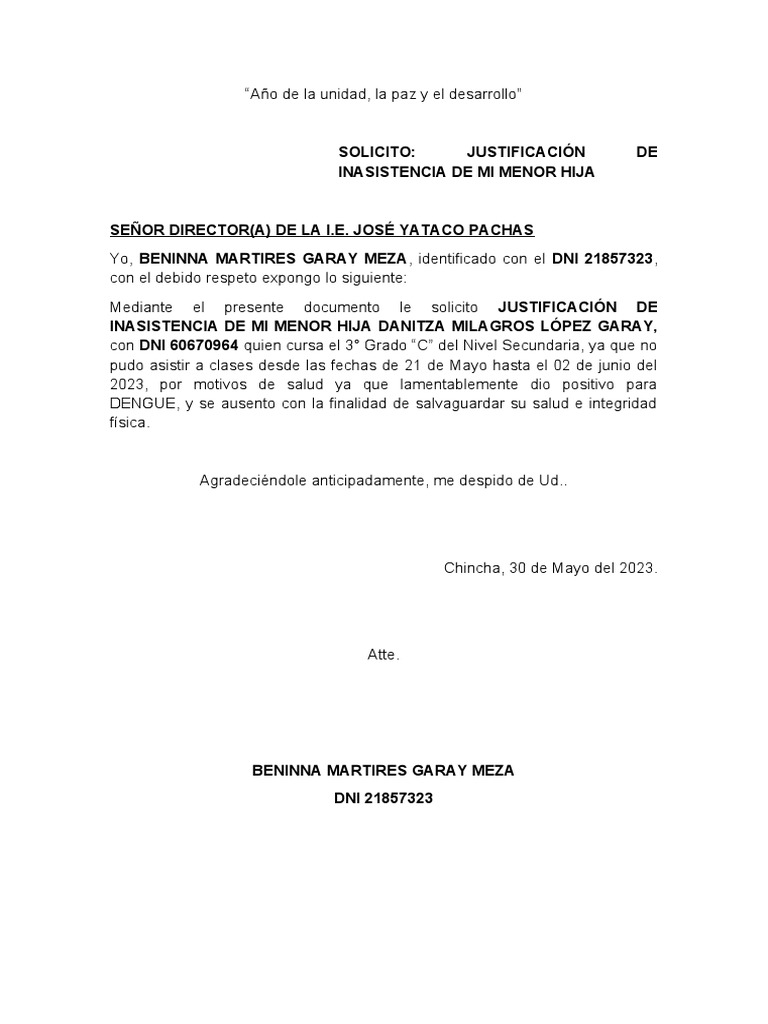 Justificación de Inasistencia de Mi Menor Hija | PDF