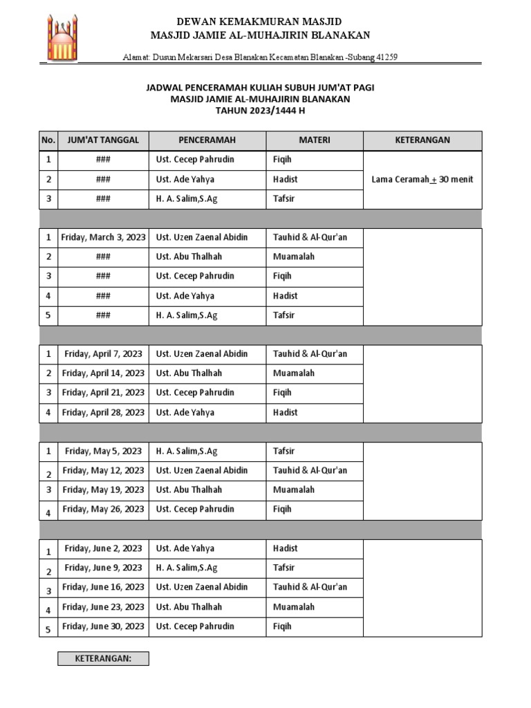 Jadwal Kuliah Subuh Masjid Al-Muhajirin | PDF