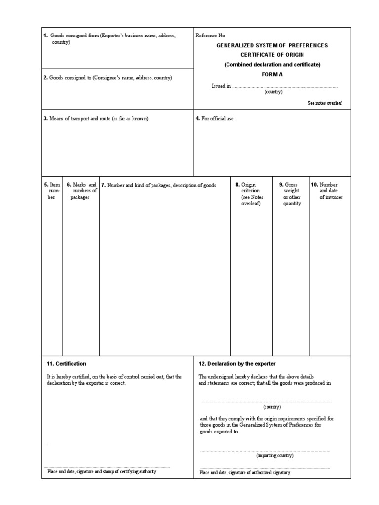 Certificate of Origin - FORM A | PDF