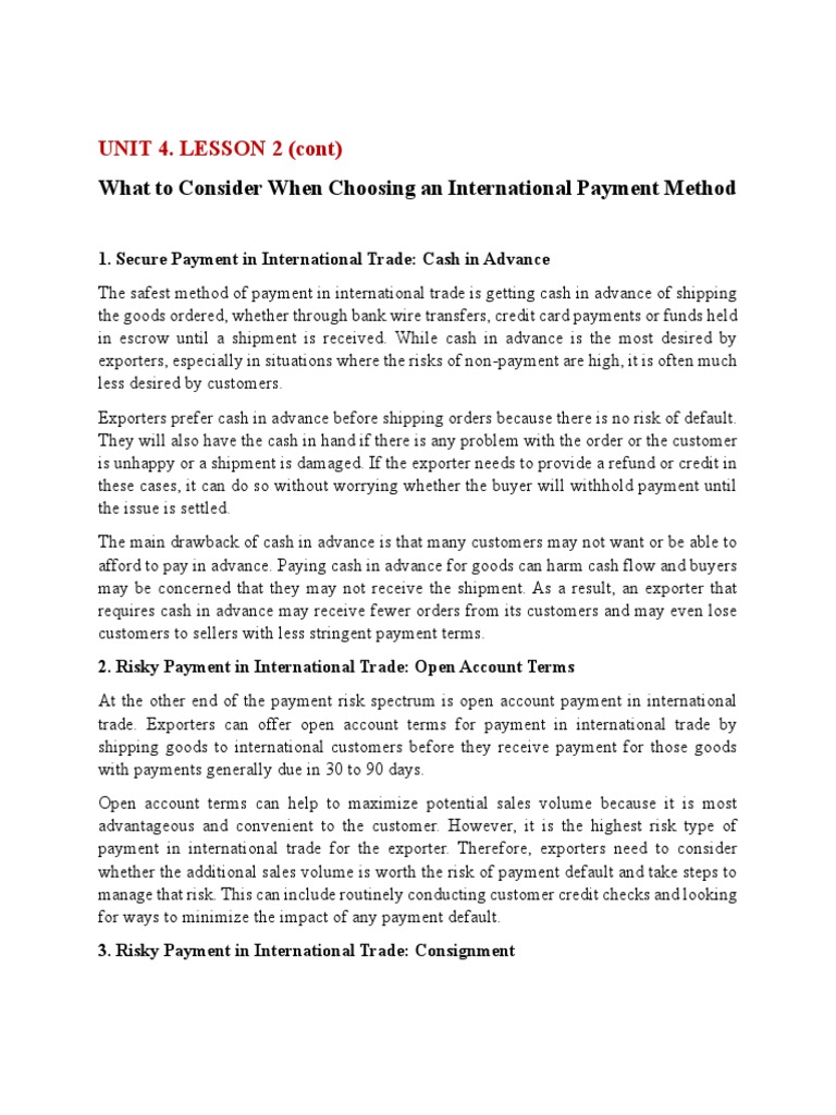 Unit 4. Lesson 2 (Cont) | PDF | Letter Of Credit | Payments Unit 4. Lesson 2 (Cont) | PDF | Letter Of Credit | Payments