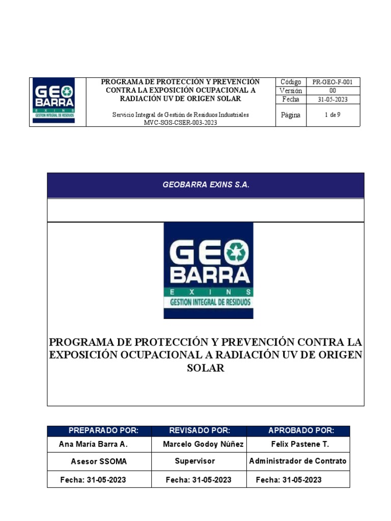 Programa de Protección y Prevención Contra La Exposición Ocupacional A Radiación UV de Origen ...