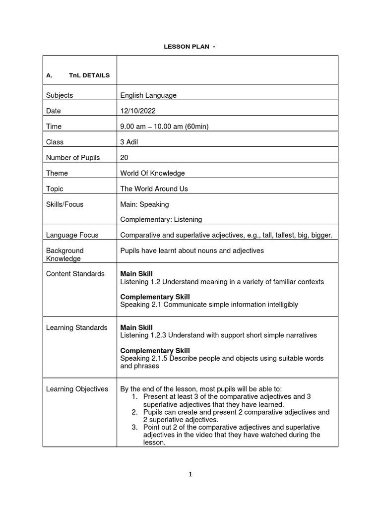 Lesson Plan Listening Speaking Pdf Adjective Lesson Plan