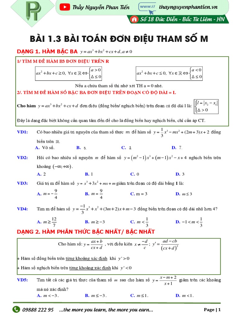 BTVN - Tính Đơn Điệu Chứa M | PDF
