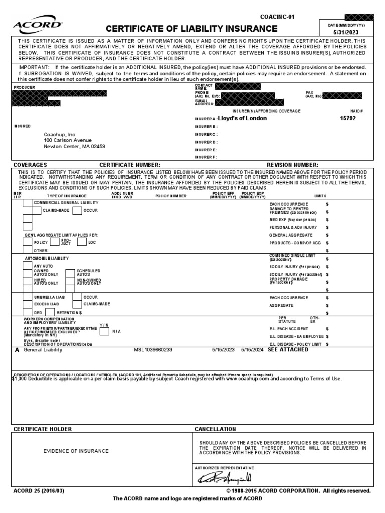 Evidence of Insurance | PDF