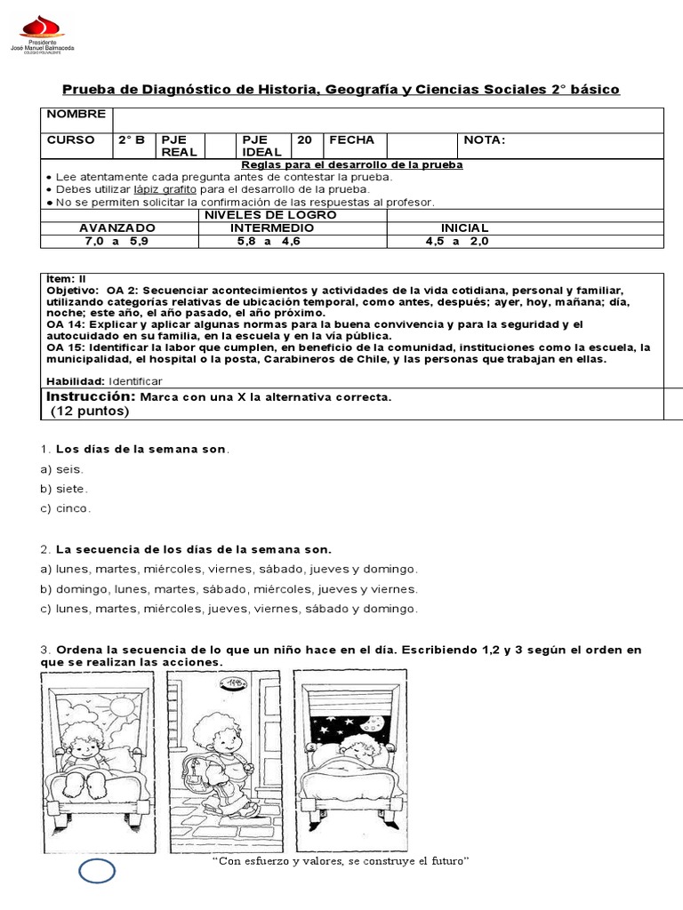 PRUEBA DE DIAGNÓSTICO HISTORIA 2°básico | PDF | Chile | Continente