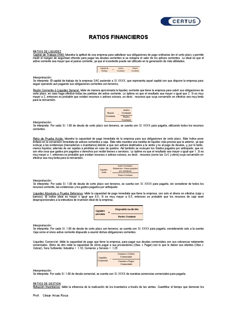 Hoja Resumen de Ratios 2022 | PDF | Capital de trabajo | Liquidez de mercado