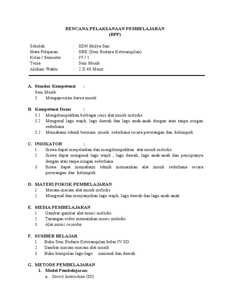 RPP Seni Musik Kelas IV SD Docx | PDF