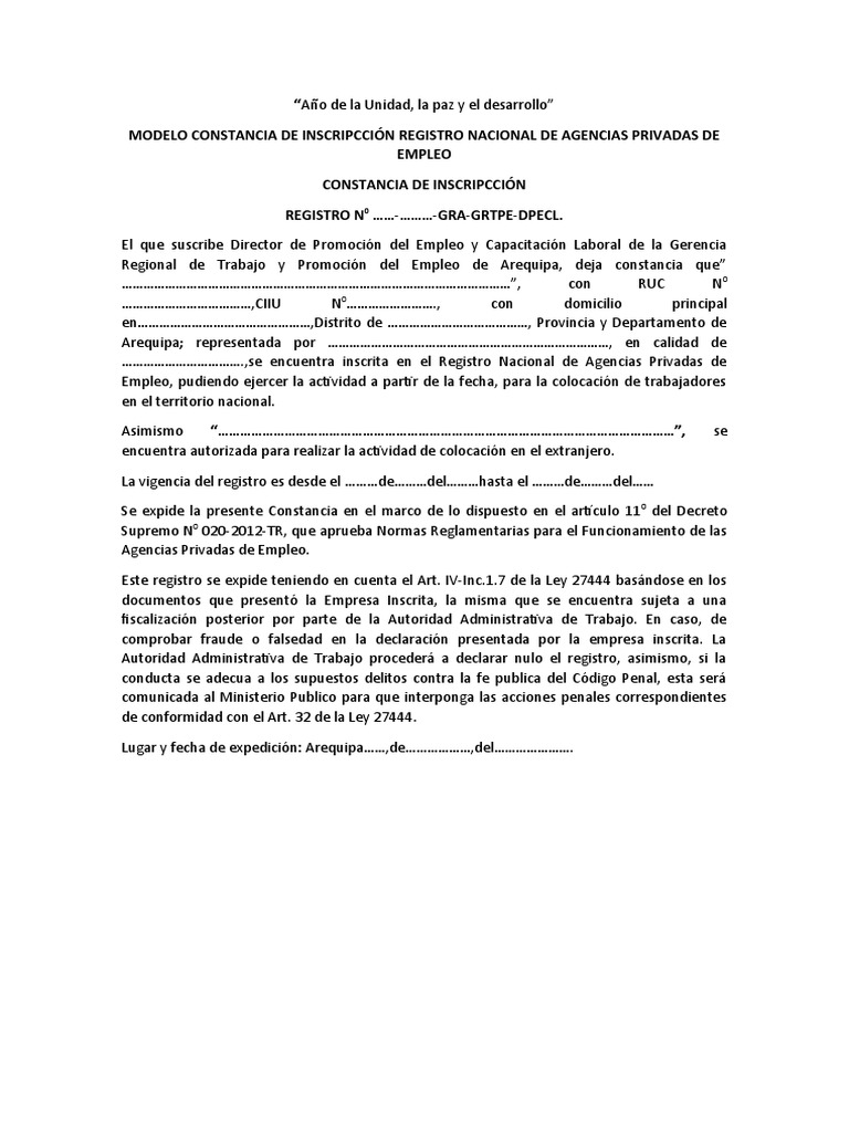 Modelo Constancia de Inscripccion Registro Nacional de Agencias Privadas de Empleo | PDF