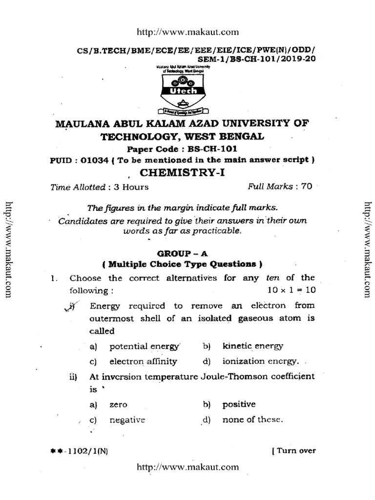 Btech 1 Sem Chemistry 1 Bs CH 101 2020 | PDF