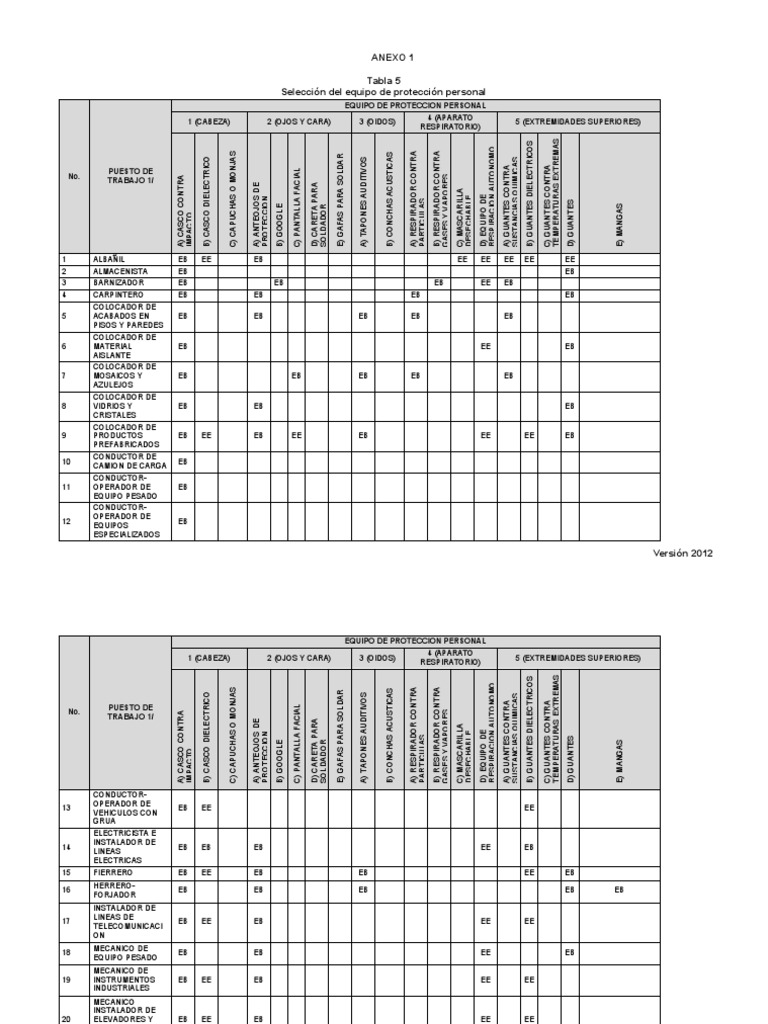 Equipos de Protección Personal por Puesto | PDF