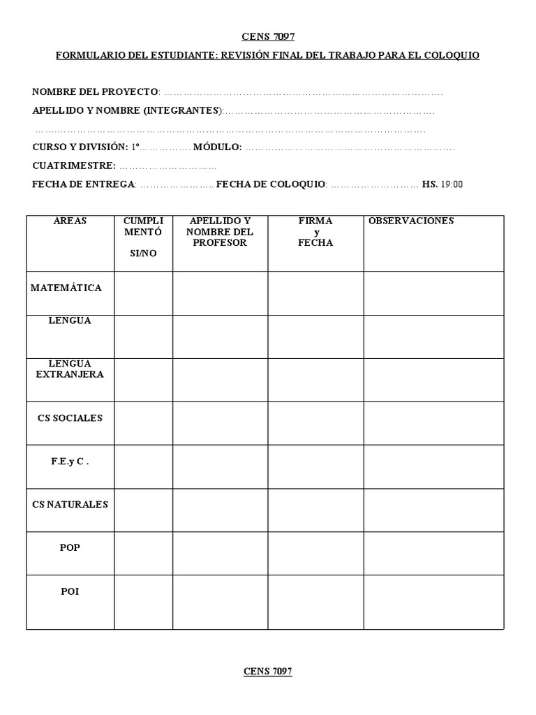 Formulario De Revisión Final De Proyectos O Planilla De Control Cb Y Co