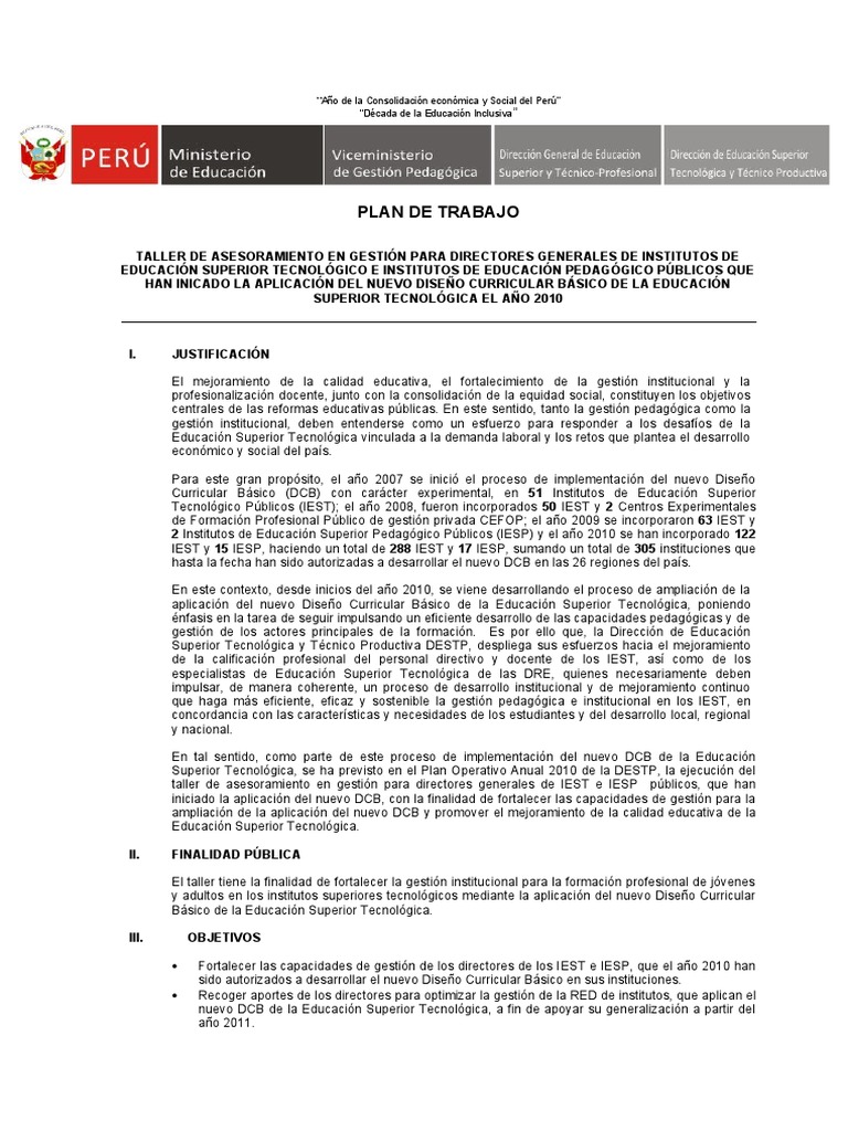 Plan de Trabajo Taller ICA DIRECTORES | PDF