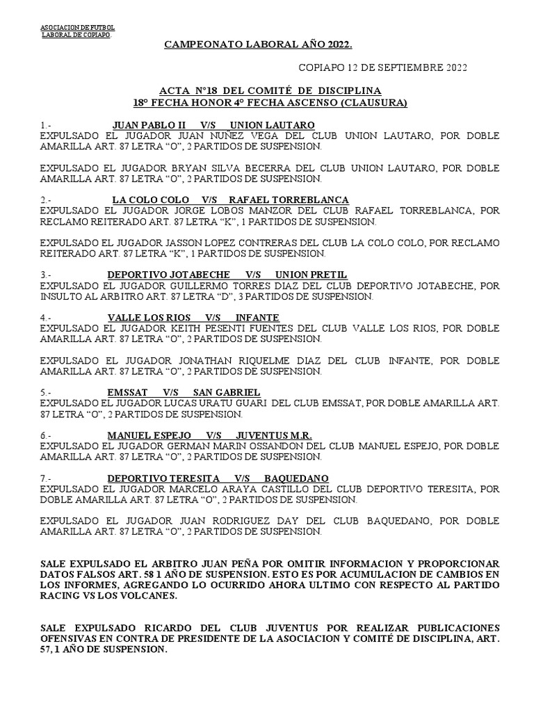 Comite Disciplina Acta N°18 2022 | PDF