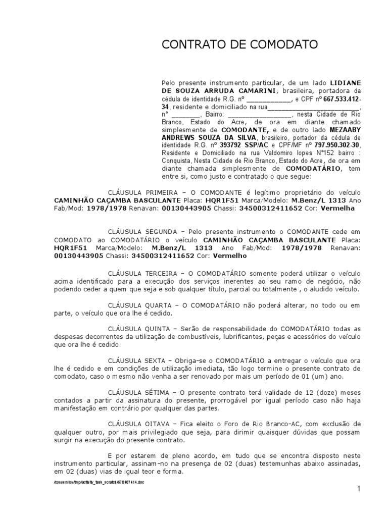 Contrato de Comodato (Modelo Veiculo) | PDF