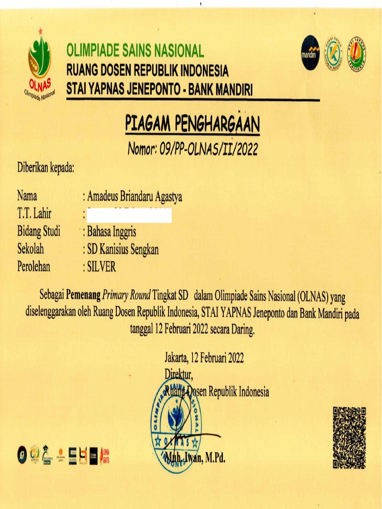 Piagam Amadeus Briandaru Agastya - OLNAS | PDF