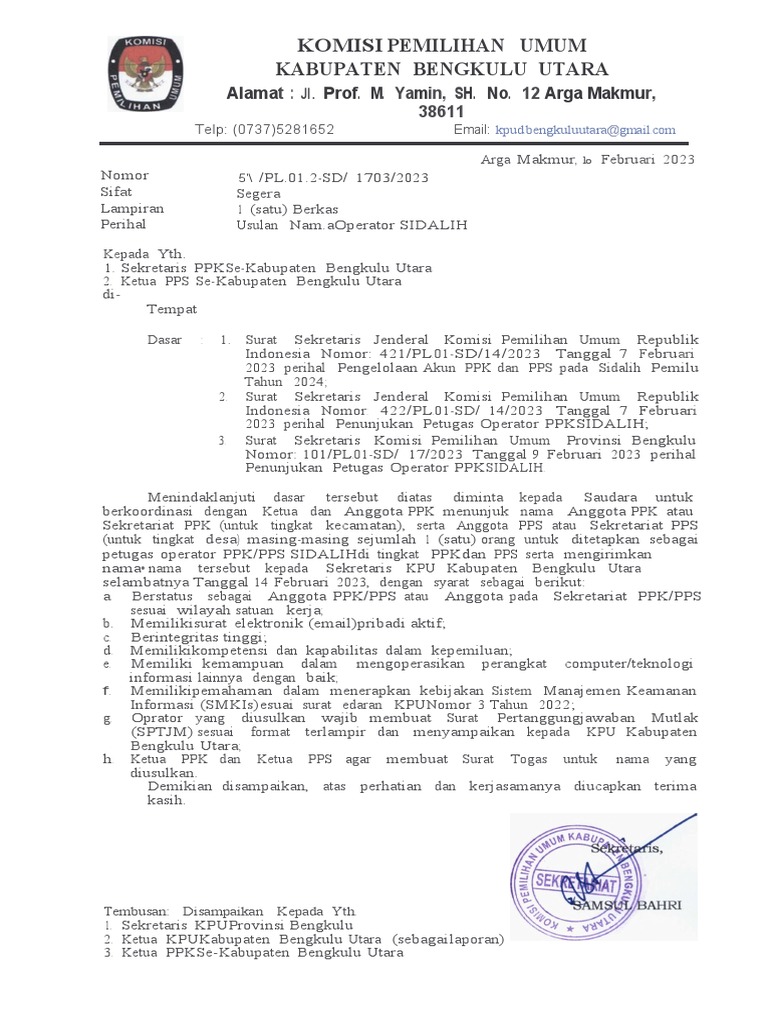 Usulan Operator SIDALIH Bengkulu Utara | PDF