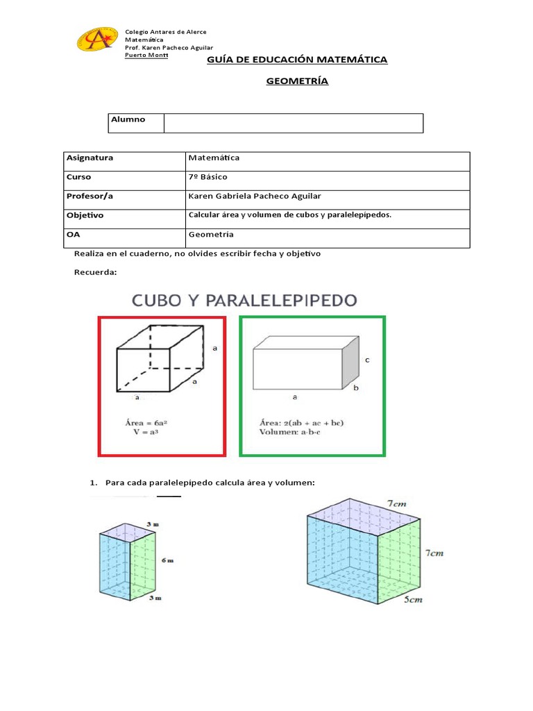 Guía 7mo Básico ÁREA Y VOLUMEN CUBO PARALELEPIPEDO | PDF
