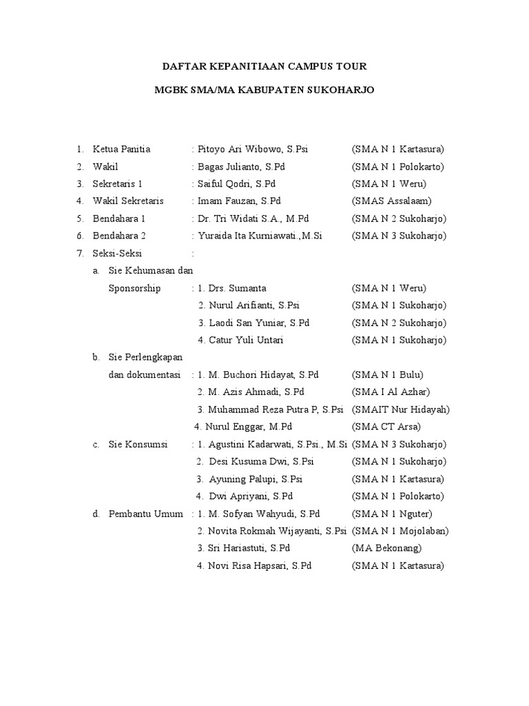 Daftar Kepanitiaan Campus Tour | PDF