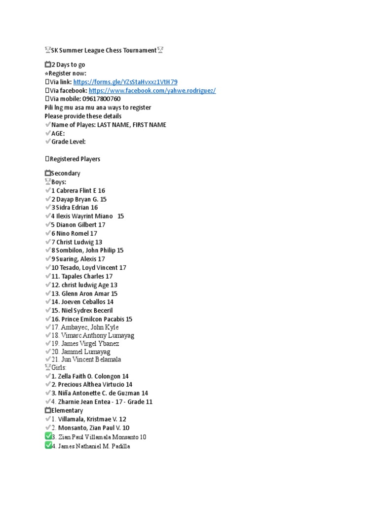 List of Registered Chess Players | PDF
