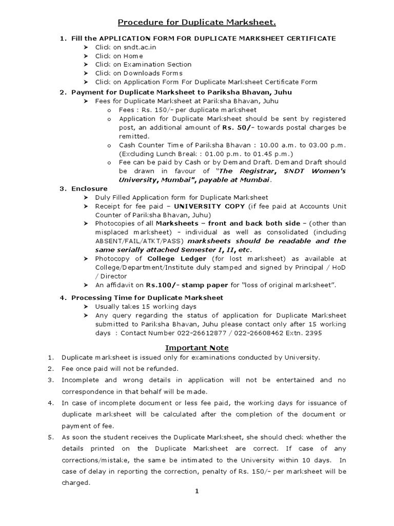 Procedure For Duplicate Marksheet | PDF