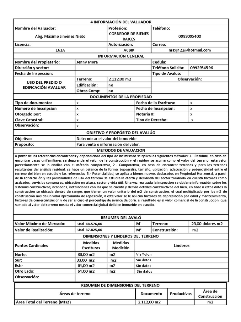 Avaluo Sr. Danilo Capello Casa Quinta Chica | PDF